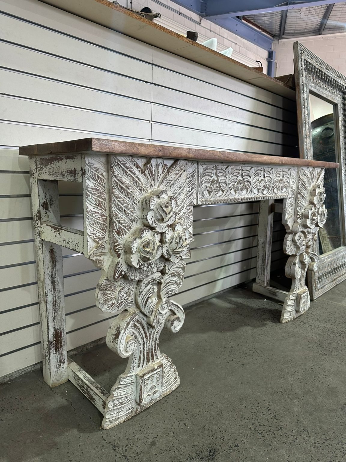 Floral Console Table Rustic White with Natural Top 150x40x90 - Majestic ...